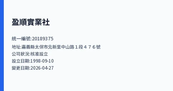 盈順實業社的照片-統編 20189375(嘉義縣) 公司登記資料與營業項目詳細圖表