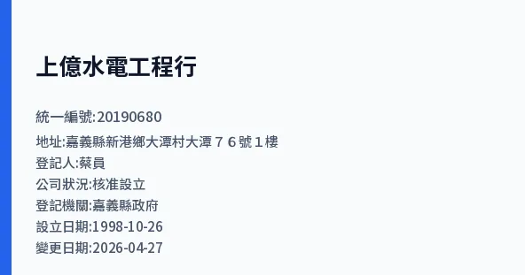 上億水電工程行的照片-統編 20190680(嘉義縣) 公司登記資料與營業項目詳細圖表