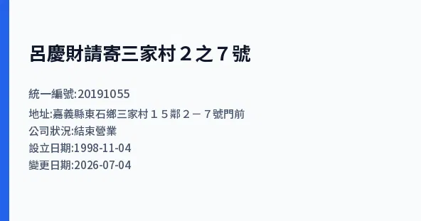 呂慶財請寄三家村2之7號的照片-統編 20191055(嘉義縣) 公司登記資料與營業項目詳細圖表