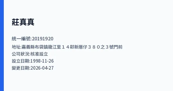 莊真真的照片-統編 20191920(嘉義縣) 公司登記資料與營業項目詳細圖表