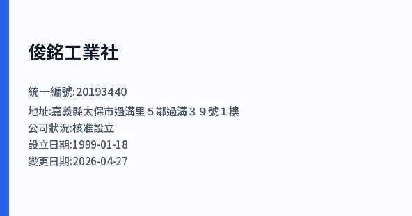俊銘工業社的照片-統編 20193440(嘉義縣) 公司登記資料與營業項目詳細圖表