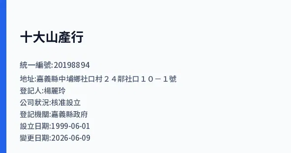 十大山產行的照片-統編 20198894(嘉義縣) 公司登記資料與營業項目詳細圖表