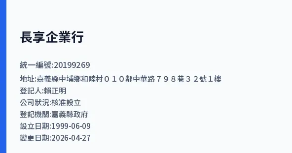 長享企業行的照片-統編 20199269(嘉義縣) 公司登記資料與營業項目詳細圖表