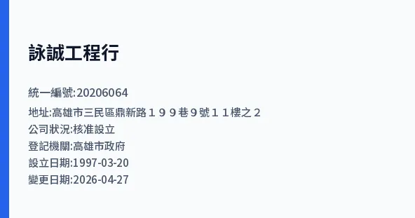 詠誠工程行的照片-統編 20206064(高雄市) 公司登記資料與營業項目詳細圖表