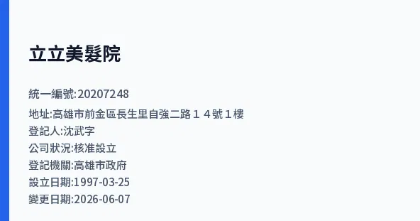 立立美髮院的照片-統編 20207248(高雄市) 公司登記資料與營業項目詳細圖表