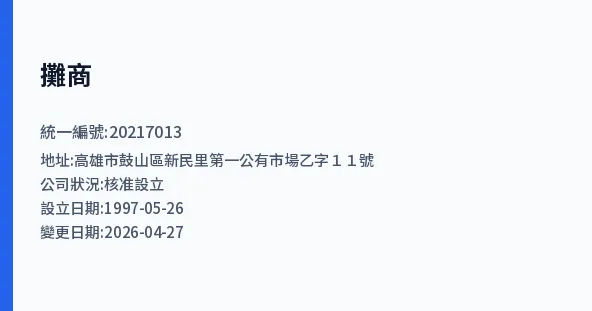 攤商的照片-統編 20217013(高雄市) 公司登記資料與營業項目詳細圖表