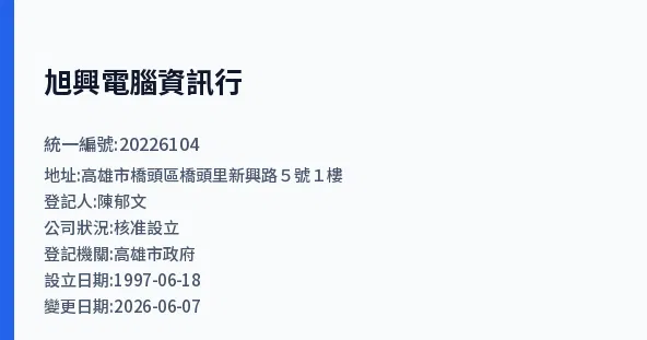 旭興電腦資訊行的照片-統編 20226104(高雄市) 公司登記資料與營業項目詳細圖表