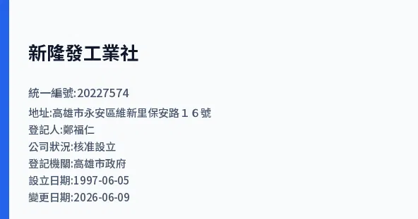 新隆發工業社的照片-統編 20227574(高雄市) 公司登記資料與營業項目詳細圖表