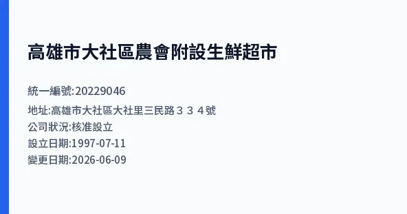高雄市大社區農會附設生鮮超市的照片-統編 20229046(高雄市) 公司登記資料與營業項目詳細圖表