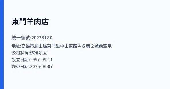 東門羊肉店的照片-統編 20233180(高雄市) 公司登記資料與營業項目詳細圖表