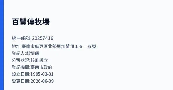 百豐傳牧場的照片-統編 20257416(臺南市) 公司登記資料與營業項目詳細圖表