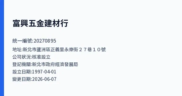 富興五金建材行的照片-統編 20270895(新北市) 公司登記資料與營業項目詳細圖表