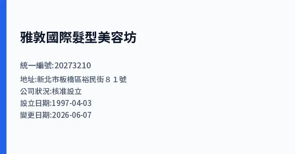 雅敦國際髮型美容坊的照片-統編 20273210(新北市) 公司登記資料與營業項目詳細圖表