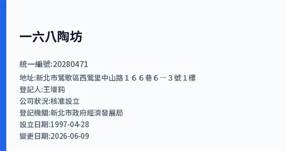 一六八陶坊的照片-統編 20280471(新北市) 公司登記資料與營業項目詳細圖表