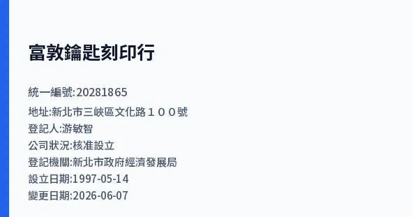 富敦鑰匙刻印行的照片-統編 20281865(新北市) 公司登記資料與營業項目詳細圖表