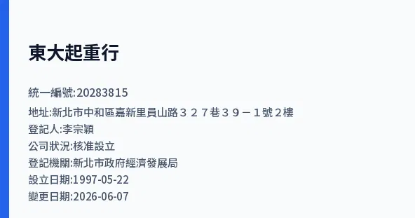東大起重行的照片-統編 20283815(新北市) 公司登記資料與營業項目詳細圖表