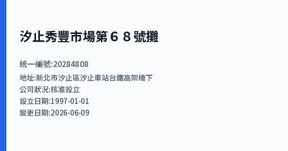 汐止秀豐市場第68號攤的照片-統編 20284808(新北市) 公司登記資料與營業項目詳細圖表