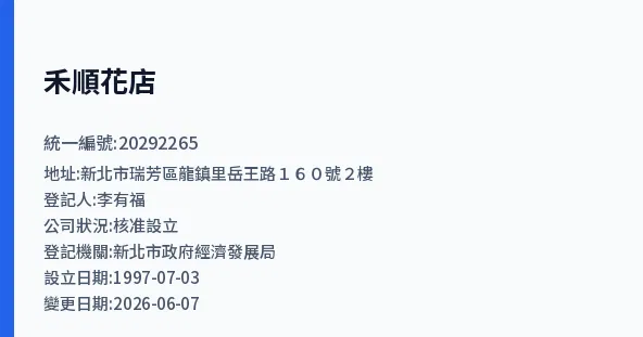 禾順花店的照片-統編 20292265(新北市) 公司登記資料與營業項目詳細圖表