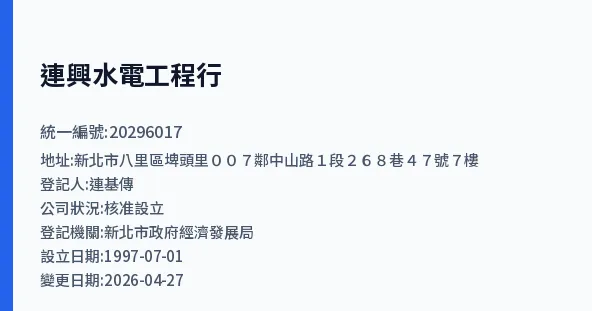 連興水電工程行的照片-統編 20296017(新北市) 公司登記資料與營業項目詳細圖表