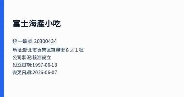 富士海產小吃的照片-統編 20300434(新北市) 公司登記資料與營業項目詳細圖表