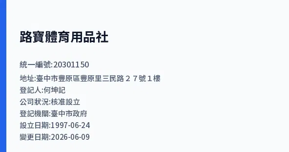路寶體育用品社的照片-統編 20301150(臺中市) 公司登記資料與營業項目詳細圖表