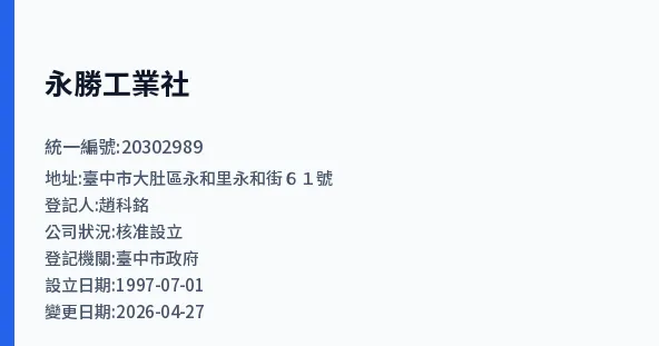 永勝工業社的照片-統編 20302989(臺中市) 公司登記資料與營業項目詳細圖表