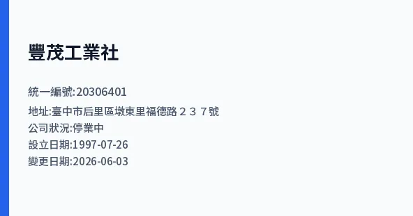 豐茂工業社的照片-統編 20306401(臺中市) 公司登記資料與營業項目詳細圖表