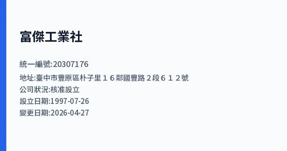 富傑工業社的照片-統編 20307176(臺中市) 公司登記資料與營業項目詳細圖表
