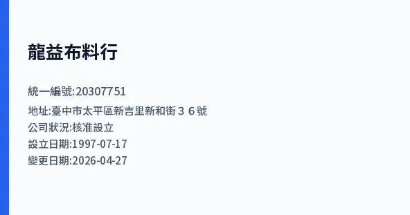 龍益布料行的照片-統編 20307751(臺中市) 公司登記資料與營業項目詳細圖表