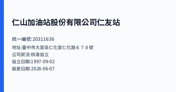 仁山加油站股份有限公司仁友站的照片-統編 20311636(臺中市) 公司登記資料與營業項目詳細圖表