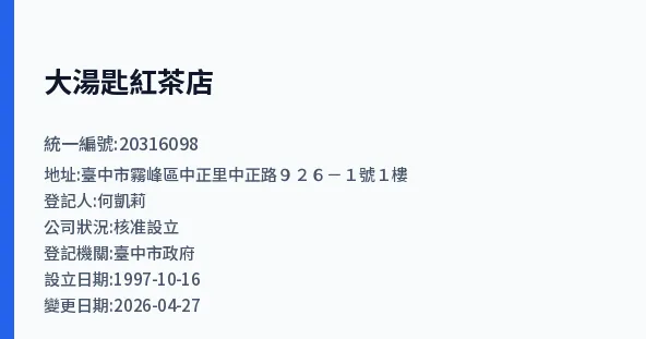 大湯匙紅茶店的照片-統編 20316098(臺中市) 公司登記資料與營業項目詳細圖表