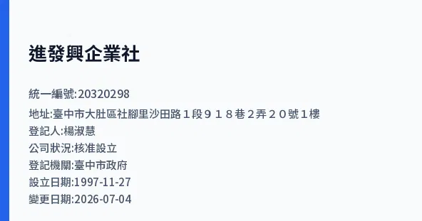 進發興企業社的照片-統編 20320298(臺中市) 公司登記資料與營業項目詳細圖表