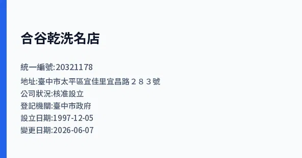 合谷乾洗名店的照片-統編 20321178(臺中市) 公司登記資料與營業項目詳細圖表