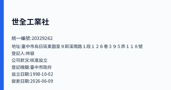 世全工業社的照片-統編 20329262(臺中市) 公司登記資料與營業項目詳細圖表