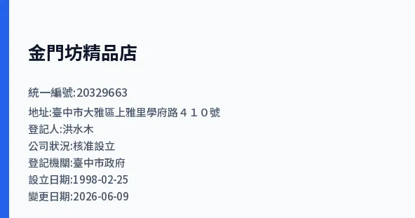 金門坊精品店的照片-統編 20329663(臺中市) 公司登記資料與營業項目詳細圖表