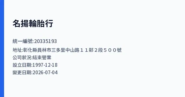 名揚輪胎行的照片-統編 20335193(彰化縣) 公司登記資料與營業項目詳細圖表