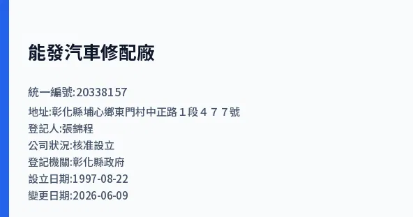 能發汽車修配廠的照片-統編 20338157(彰化縣) 公司登記資料與營業項目詳細圖表