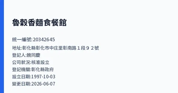 魯穀香麵食餐館的照片-統編 20342645(彰化縣) 公司登記資料與營業項目詳細圖表