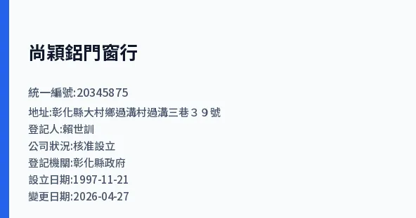 尚穎鋁門窗行的照片-統編 20345875(彰化縣) 公司登記資料與營業項目詳細圖表