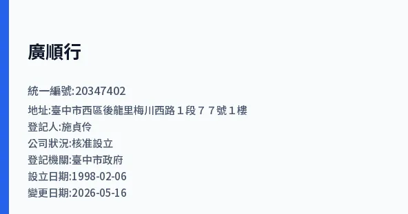 廣順行的照片-統編 20347402(臺中市) 公司登記資料與營業項目詳細圖表