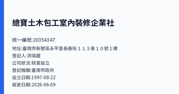 總寶土木包工室內裝修企業社的照片-統編 20354347(臺南市) 公司登記資料與營業項目詳細圖表