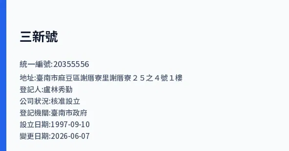 三新號的照片-統編 20355556(臺南市) 公司登記資料與營業項目詳細圖表