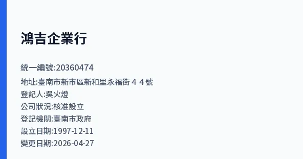 鴻吉企業行的照片-統編 20360474(臺南市) 公司登記資料與營業項目詳細圖表