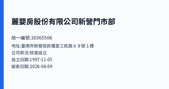 麗嬰房股份有限公司新營門市部的照片-統編 20365506(臺南市) 公司登記資料與營業項目詳細圖表