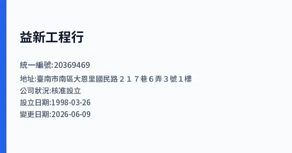 益新工程行的照片-統編 20369469(臺南市) 公司登記資料與營業項目詳細圖表