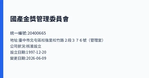 國產金獎管理委員會的照片-統編 20400665(臺中市) 公司登記資料與營業項目詳細圖表