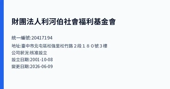 財團法人利河伯社會福利基金會的照片-統編 20417194(臺中市) 公司登記資料與營業項目詳細圖表