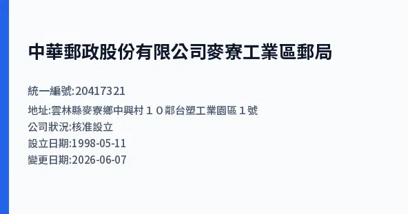 中華郵政股份有限公司麥寮工業區郵局的照片-統編 20417321(雲林縣) 公司登記資料與營業項目詳細圖表
