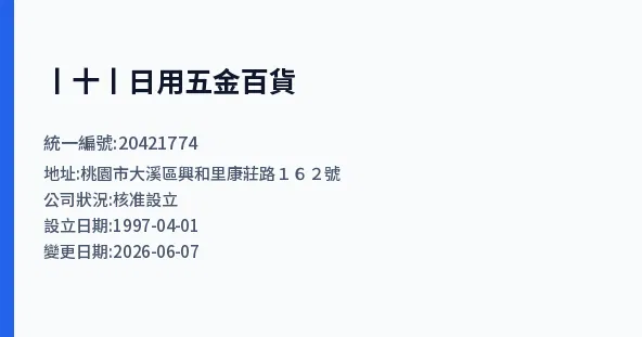 丨十丨日用五金百貨的照片-統編 20421774(桃園市) 公司登記資料與營業項目詳細圖表