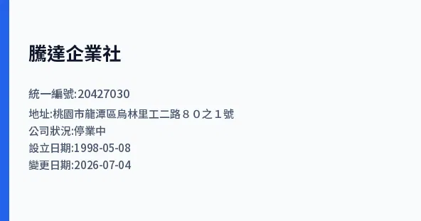 騰達企業社的照片-統編 20427030(桃園市) 公司登記資料與營業項目詳細圖表